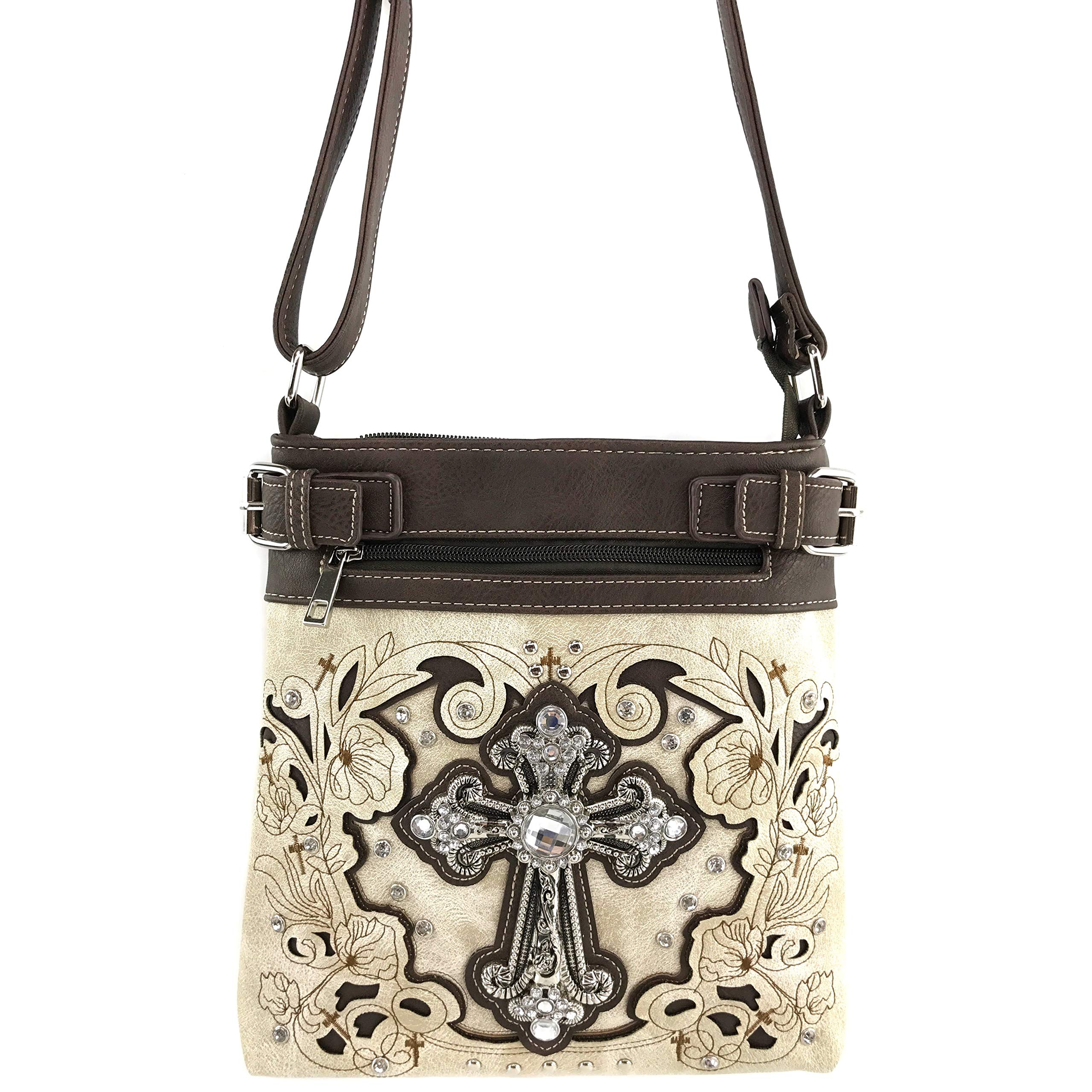 Justin West Cowgirl Western Rhinestone Cross Floral Embroidery Studded Concealed Carry Handbag Purse Trifold Crossbody Messenger Bag Wallet (Beige Busy Messenger)