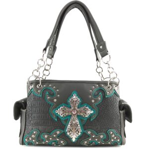 Justin West Concealed Carry Western Croc Cross Duo Color Shoulder Handbag Purse (Silver Handbag Wallet Set)