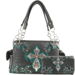 justin west concealed carry western croc cross duo color shoulder handbag purse (silver handbag wallet set)