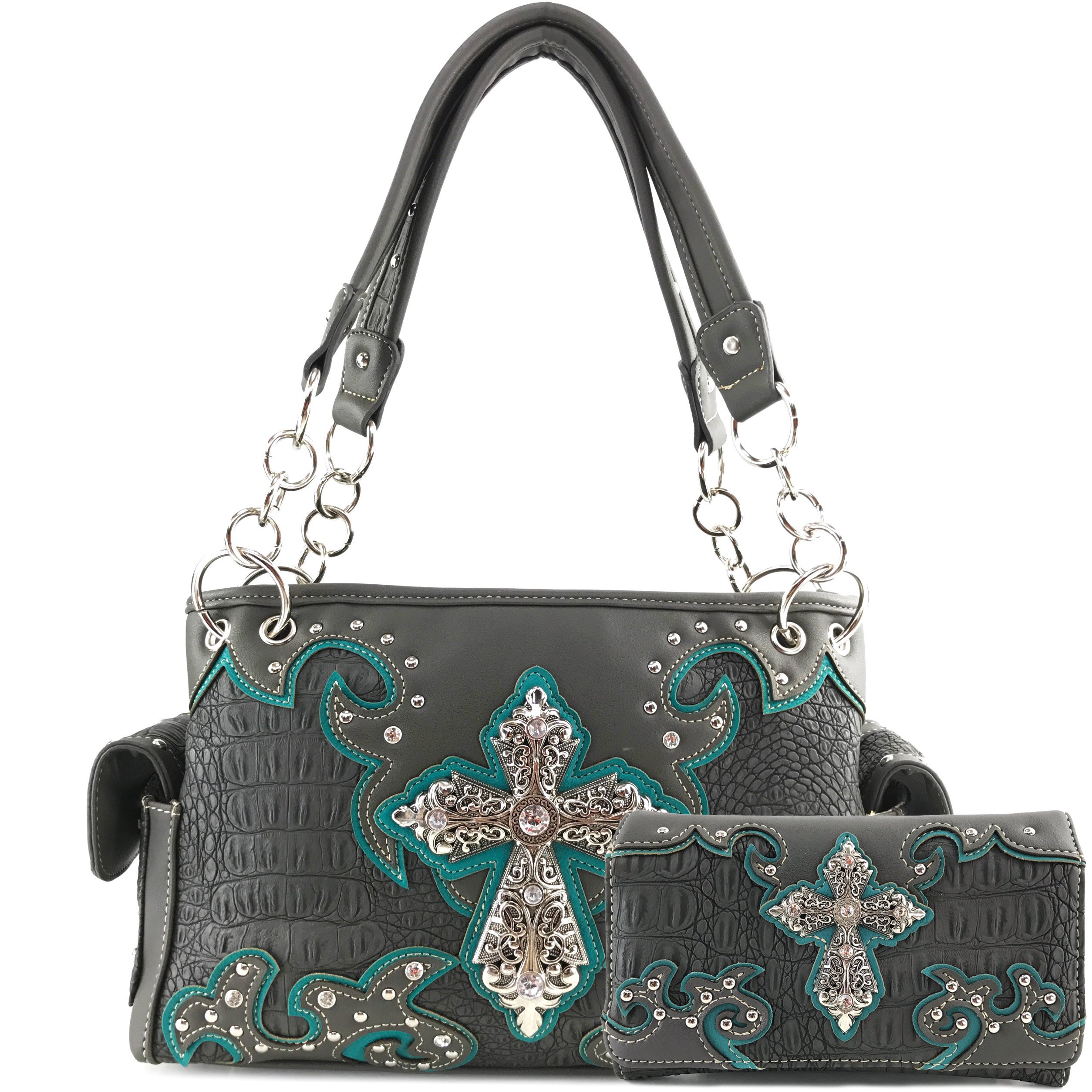 Justin West Concealed Carry Western Croc Cross Duo Color Shoulder Handbag Purse (Silver Handbag Wallet Set)