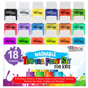 u.s. art supply 18 color children's washable tempera paint set - 2 ounce wide mouth bottles for arts, crafts and posters