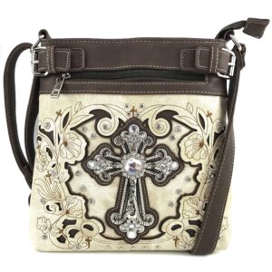 justin west cowgirl western rhinestone cross floral embroidery studded concealed carry handbag purse trifold crossbody messenger bag wallet (beige busy messenger)