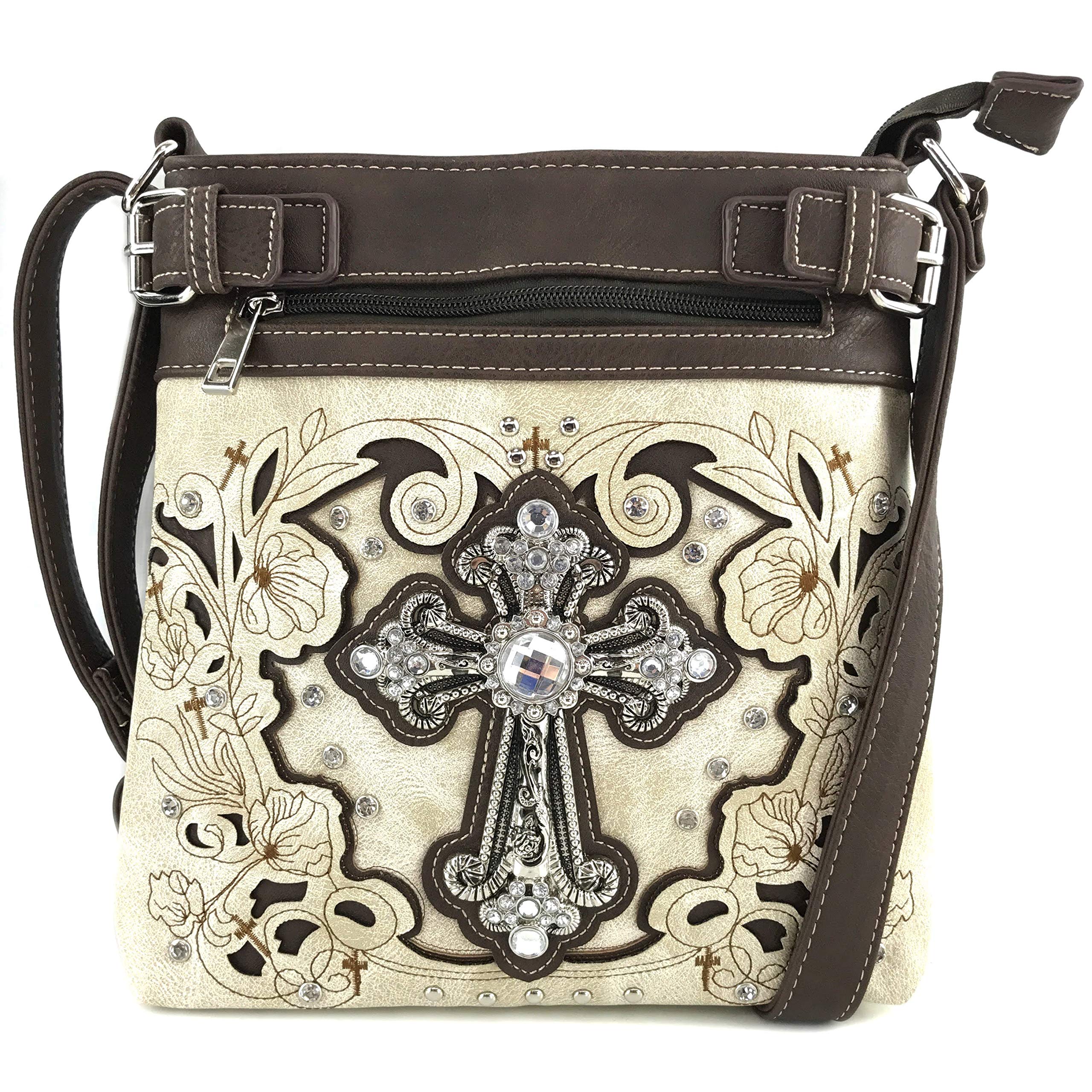 Justin West Cowgirl Western Rhinestone Cross Floral Embroidery Studded Concealed Carry Handbag Purse Trifold Crossbody Messenger Bag Wallet (Beige Busy Messenger)