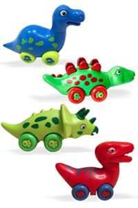 3 bees and me dinosaur car toys for kids - 4-in-1 pack - fun toddler dinosaur toy set for kids - dinosaurs with wheels birthday party toy - christmas, birthday gift for boys and girls, age 3 and up