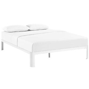 modway corinne steel modern mattress foundation queen bed frame with wood slat support in white