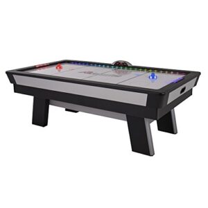 atomic top shelf 7.5’ air hockey table with 120v motor for maximum air flow, high-speed pvc playing surface for arcade-style play and multicolor led lumen-x technology to illuminate play