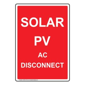 compliancesigns.com vertical solar pv ac disconnect label decal, 5x3.5 in. 4-pack vinyl for electrical industrial notices