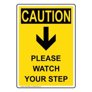 compliancesigns.com vertical caution please watch your step osha label decal, 5x3.5 inch 4-pack vinyl for industrial notices