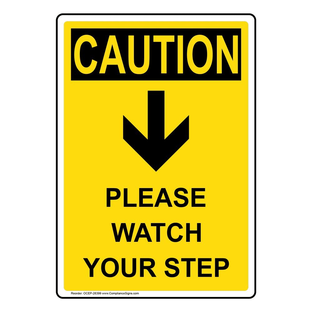 ComplianceSigns.com Vertical Caution Please Watch Your Step OSHA Label Decal, 5x3.5 inch 4-Pack Vinyl for Industrial Notices