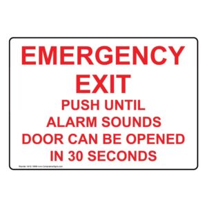 compliancesigns.com emergency exit push until alarm sounds door can be opened in 30 seconds label decal, 5x3.5 in. 4-pack vinyl for enter/exit