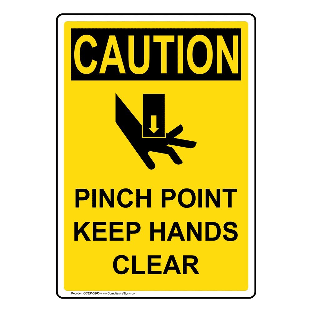 ComplianceSigns.com Vertical Caution Pinch Point Keep Hands Clear OSHA Label Decal, 5x3.5 inch 4-Pack Vinyl for Machinery