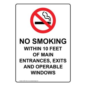 compliancesigns.com vertical no smoking within 10 feet of main entrances, exits and operable windows label decal, 5x3.5 in. 4-pack vinyl for no smoking