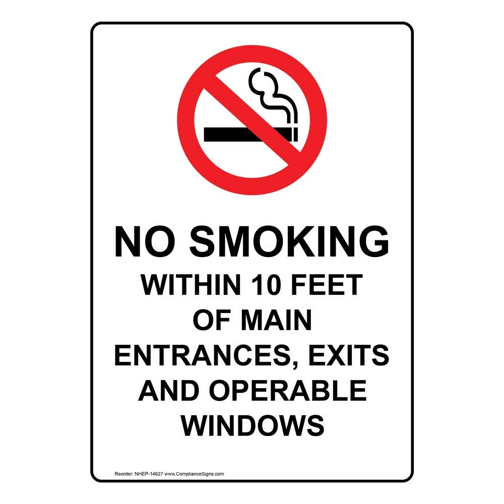 ComplianceSigns.com Vertical No Smoking Within 10 Feet of Main Entrances, Exits and Operable Windows Label Decal, 5x3.5 in. 4-Pack Vinyl for No Smoking