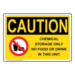 compliancesigns.com caution chemical storage only no food or drink in this unit osha safety label decal, 5x3.5 in. vinyl 4-pack for hazmat