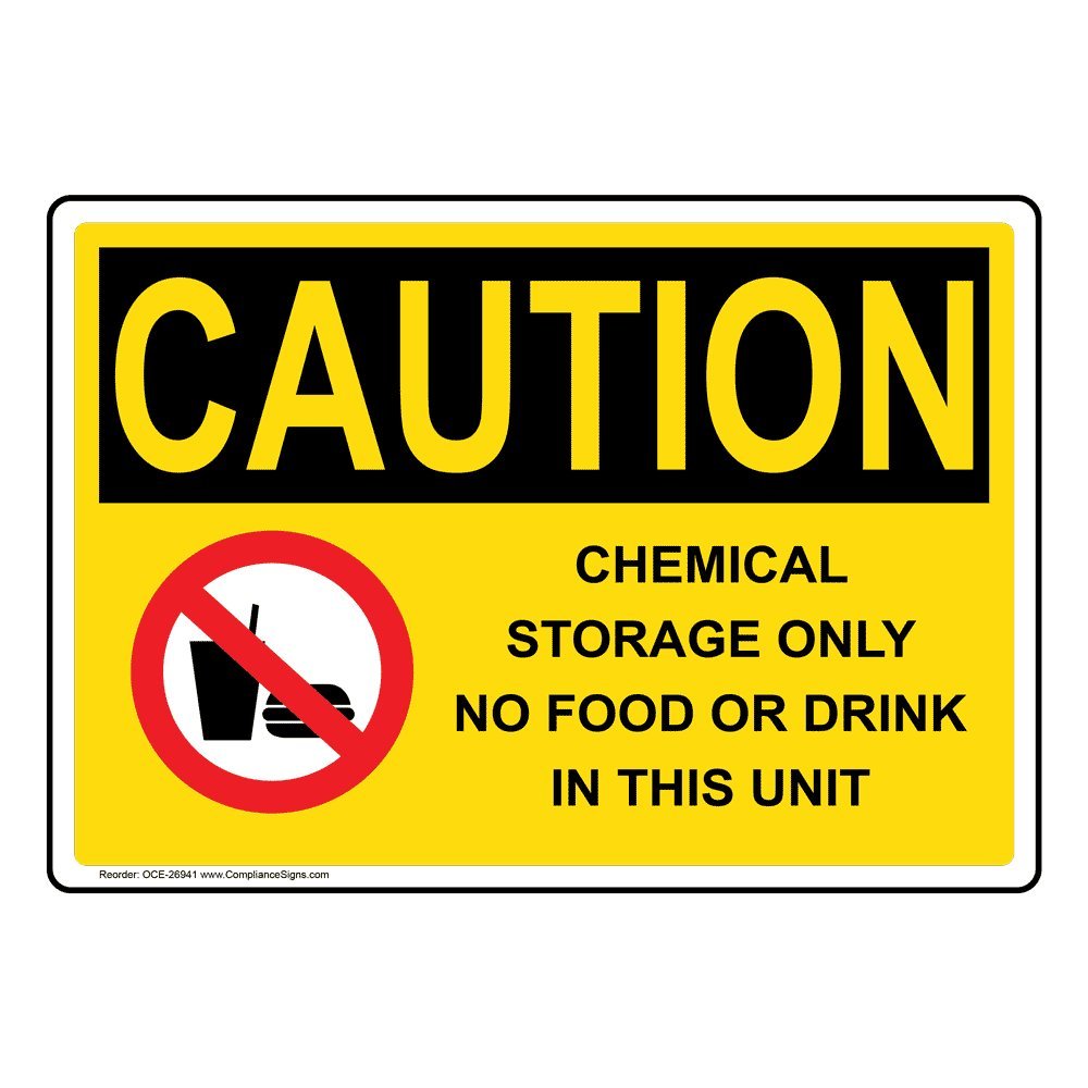 ComplianceSigns.com Caution Chemical Storage Only No Food Or Drink in This Unit OSHA Safety Label Decal, 5x3.5 in. Vinyl 4-Pack for Hazmat