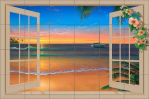 ceramic tile mural backsplash - tropical art - sunset through window with flowers by david miller - kitchen bathroom shower (48" x 32" - 8" tiles)