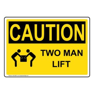 compliancesigns.com caution two man lift osha safety label decal, 5x3.5 in. vinyl 4-pack for industrial notices