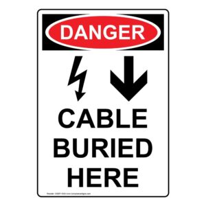 compliancesigns.com vertical danger cable buried here osha safety label decal, 5x3.5 in. vinyl 4-pack for pipeline/utility electrical