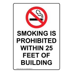 compliancesigns.com vertical smoking is prohibited within 25 feet of building label decal, 5x3.5 in. 4-pack vinyl for no smoking