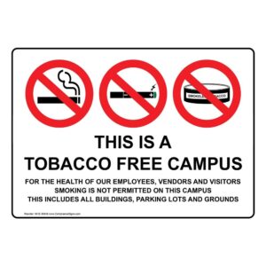 compliancesigns.com this is a tobacco free campus label decal with symbol, 5x3.5 in. 4-pack vinyl for no smoking, made in usa