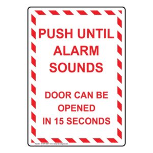 compliancesigns.com vertical push until alarm sounds door can be opened in 15 seconds label decal, 5x3.5 in. 4-pack vinyl for enter/exit