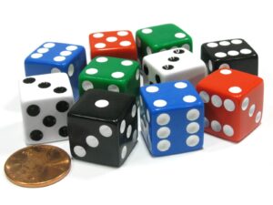 koplow games set of 10 six sided square 16mm d6 dice - 2 each of red white blue green black