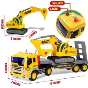 Liberty Imports Big Rig Tractor Trailer Low Boy Transport Flat Bed with Excavator Toy Trucks Combo, Semi Truck with Lights and Sounds, Flatbed Push and Go Construction Vehicle for Kids