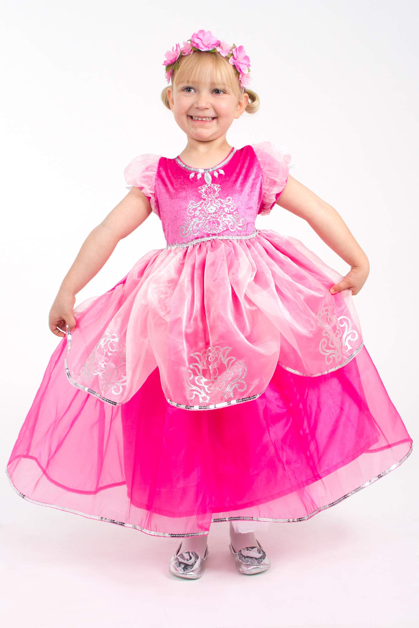 Little Adventures Deluxe Pink Princess Dress Up Costume (Medium Age 3-5) - Machine Washable Child Pretend Play and Party Dress with No Glitter