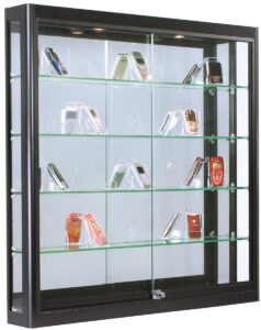 displays2go illuminated showcase for wall mount, led top lighting, 4 tempered glass shelves – black (wc396ledb)