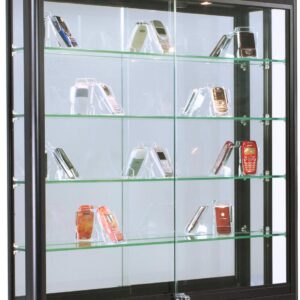 Displays2go Illuminated Showcase for Wall Mount, LED Top Lighting, 4 Tempered Glass Shelves – Black (WC396LEDB)