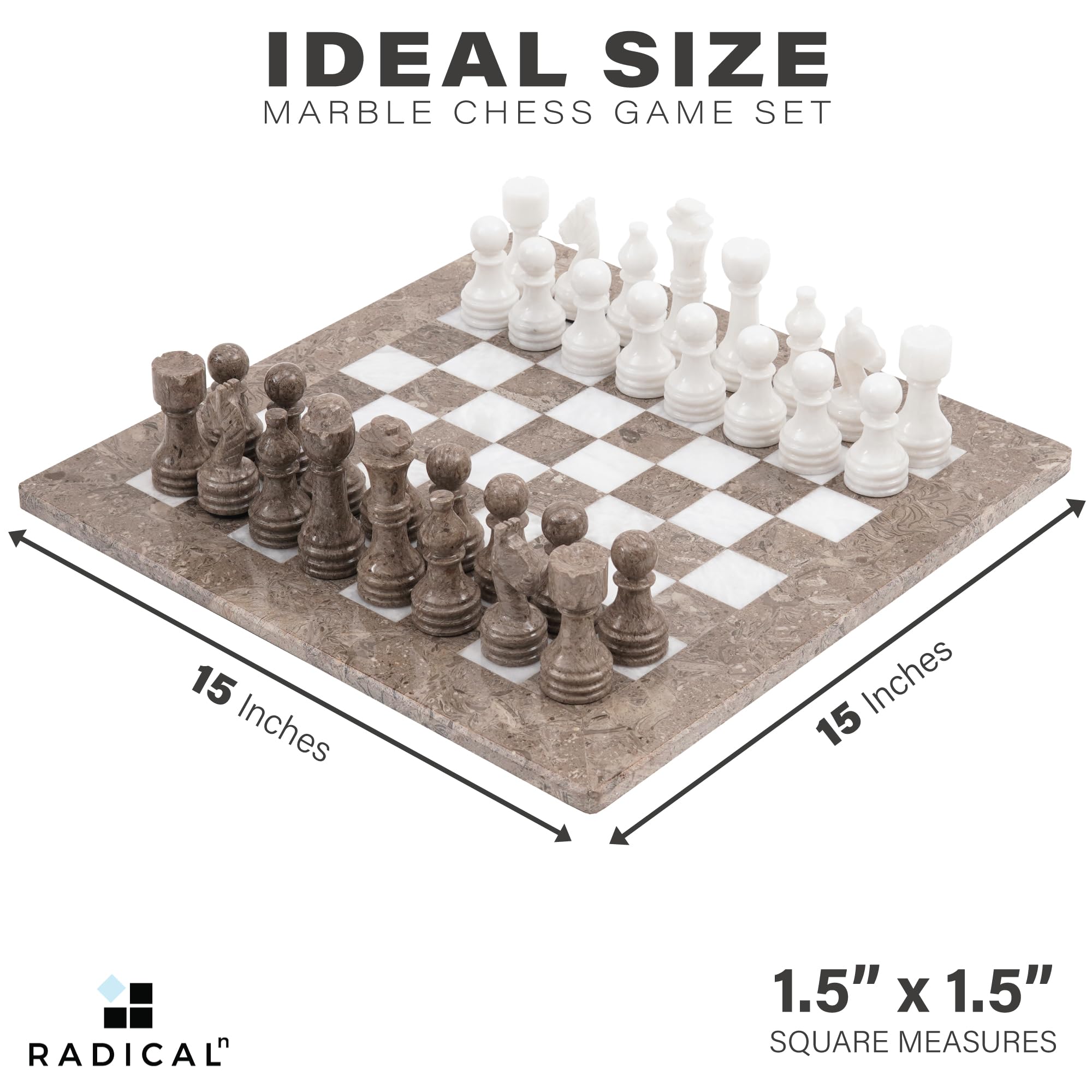 Radicaln Marble Chess Set 15 Inches Grey Oceanic and White Handmade Chess Sets for Adults - Chess Game Set 2 Player -1 Chess Board & 32 Chess Pieces - Board Game