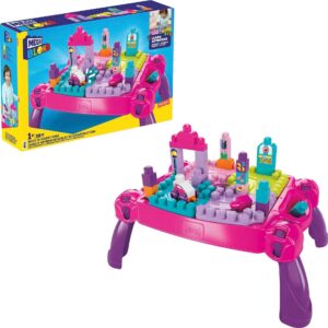 mega bloks first builders toddler blocks toy set, build ‘n learn activity table with 30 pieces and storage, pink, ages 1+ years (amazon exclusive)