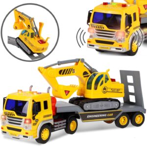 Liberty Imports Big Rig Tractor Trailer Low Boy Transport Flat Bed with Excavator Toy Trucks Combo, Semi Truck with Lights and Sounds, Flatbed Push and Go Construction Vehicle for Kids