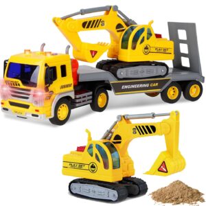 liberty imports big rig tractor trailer low boy transport flat bed with excavator toy trucks combo, semi truck with lights and sounds, flatbed push and go construction vehicle for kids