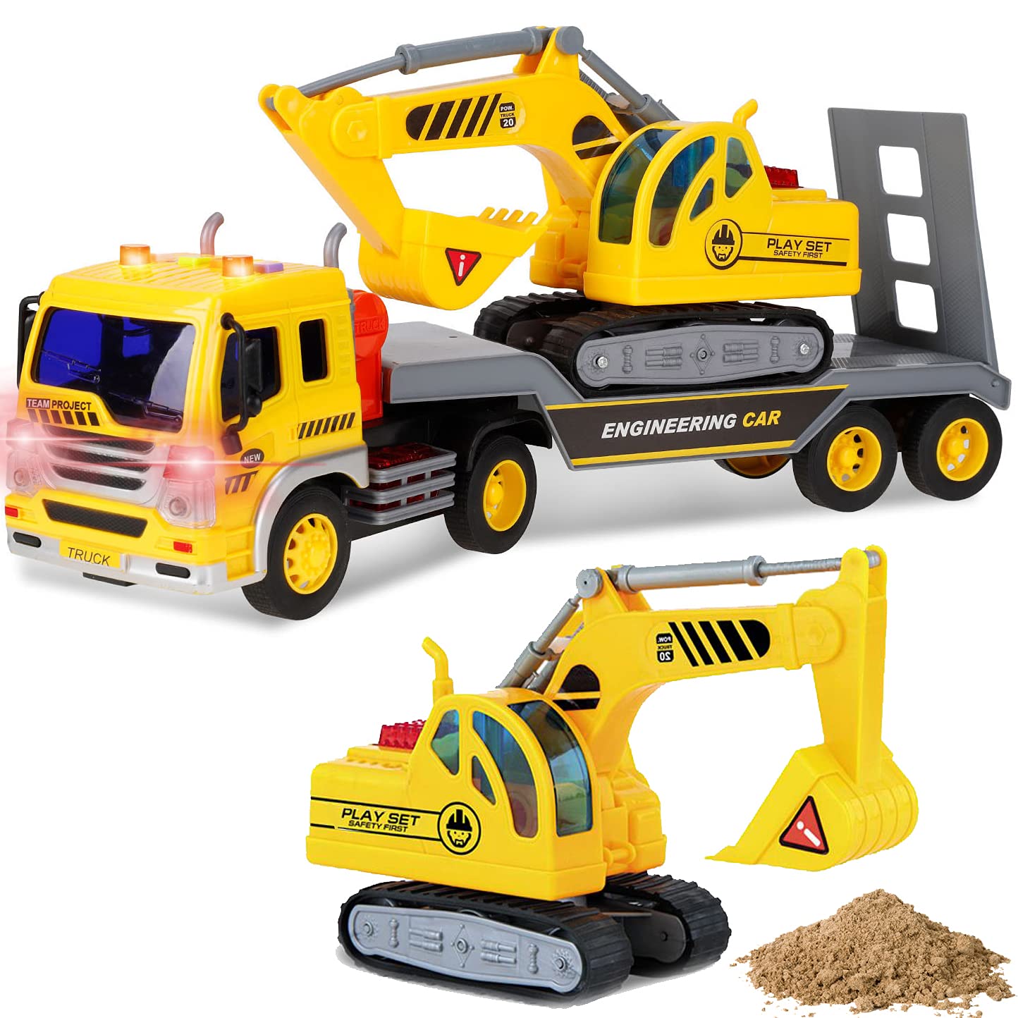 Liberty Imports Big Rig Tractor Trailer Low Boy Transport Flat Bed with Excavator Toy Trucks Combo, Semi Truck with Lights and Sounds, Flatbed Push and Go Construction Vehicle for Kids