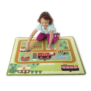 Melissa & Doug Round the Barnyard Farm Activity Play Rug (39 x 36 inches) - Wooden Tractor, Trailer, 3 Toy Animals