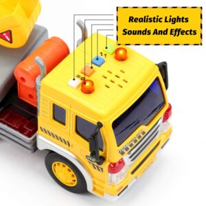 Liberty Imports Big Rig Tractor Trailer Low Boy Transport Flat Bed with Excavator Toy Trucks Combo, Semi Truck with Lights and Sounds, Flatbed Push and Go Construction Vehicle for Kids