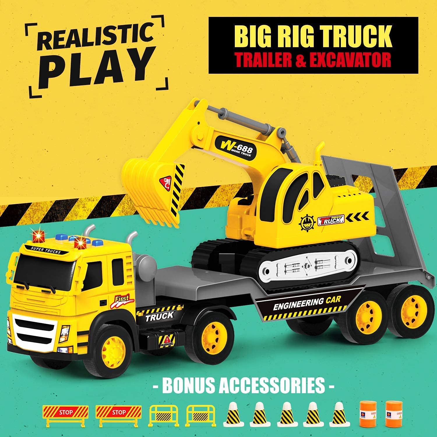 Liberty Imports Big Rig Tractor Trailer Low Boy Transport Flat Bed with Excavator Toy Trucks Combo, Semi Truck with Lights and Sounds, Flatbed Push and Go Construction Vehicle for Kids