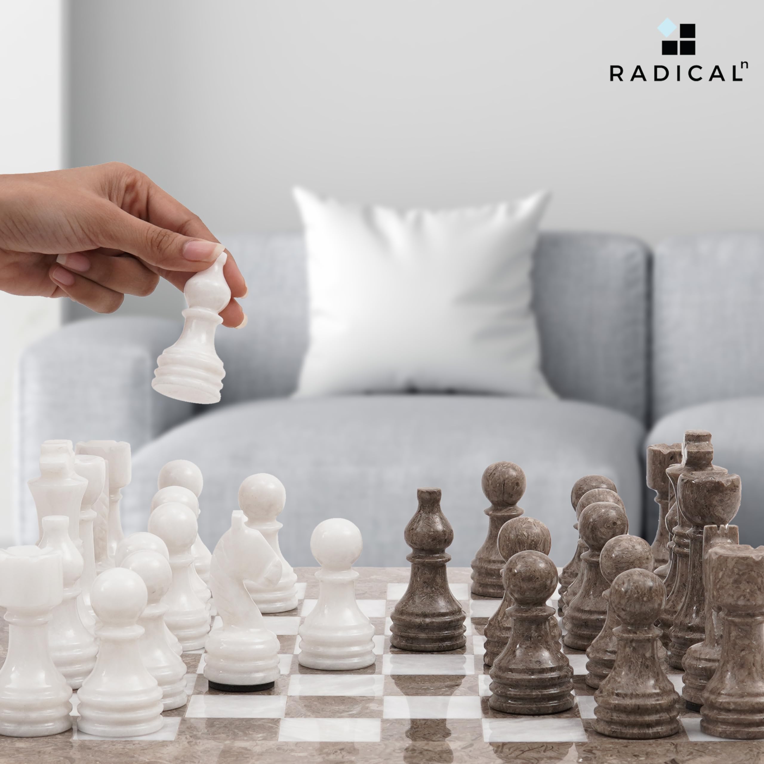 Radicaln Marble Chess Set 15 Inches Grey Oceanic and White Handmade Chess Sets for Adults - Chess Game Set 2 Player -1 Chess Board & 32 Chess Pieces - Board Game