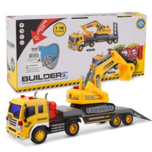 Liberty Imports Big Rig Tractor Trailer Low Boy Transport Flat Bed with Excavator Toy Trucks Combo, Semi Truck with Lights and Sounds, Flatbed Push and Go Construction Vehicle for Kids