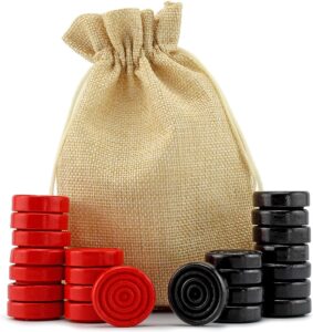 attatoy black & red carved stackable wooden checkers (24 pieces); with drawstring cloth storage bag