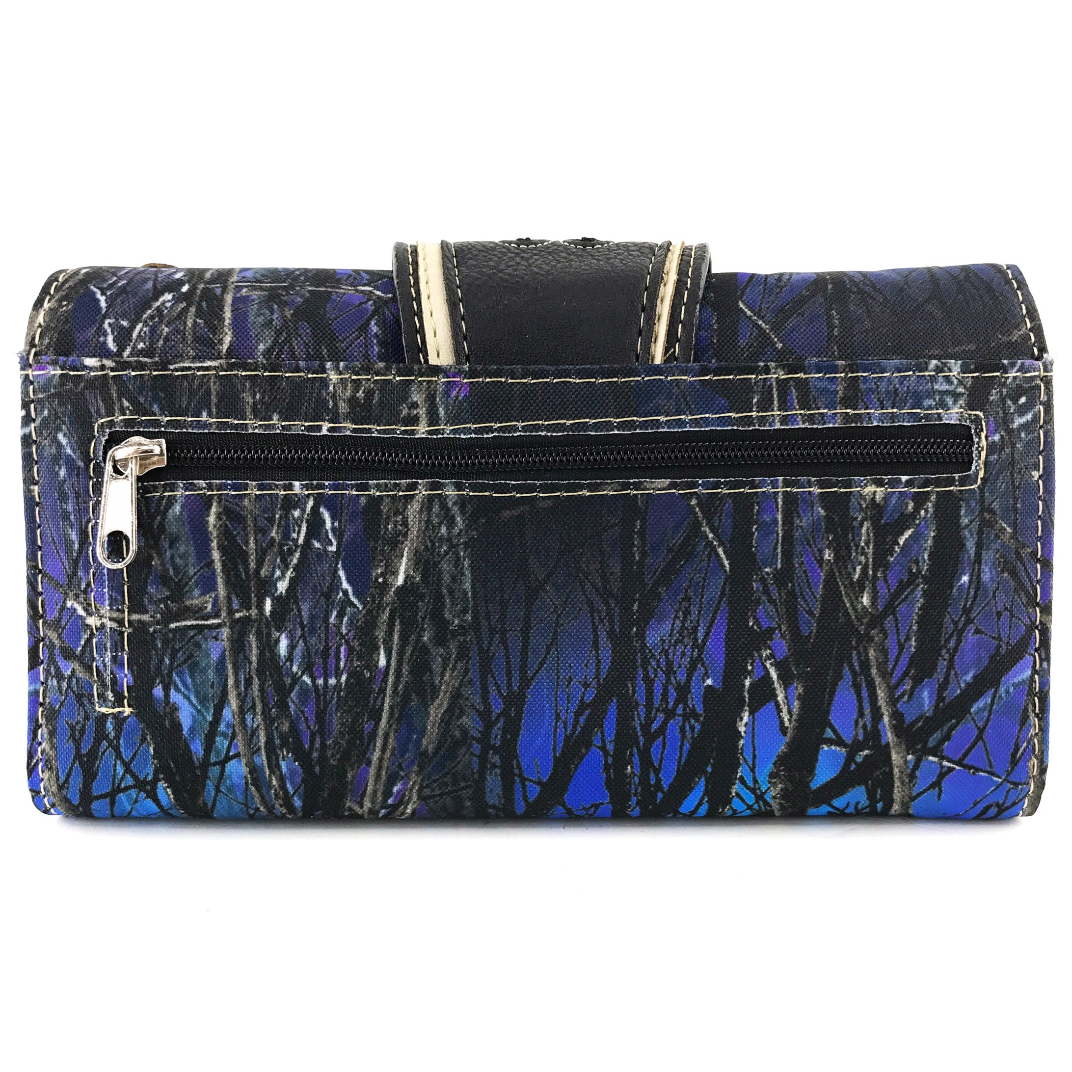 Justin West Camouflage Tree Branches Bling Rhinestone Cross Wings Buckle Crossbody Chain Messenger and Purse (Buckle Blue Handbag Wallet Set)