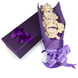 deluxe christmas purple teddy bear bouquet in gift box - one dozen long stemmed rose stuffed plush bears w tutus -gift wrapped bow & ribbon- great x-mas gift for kids, girlfriend, boyfriend, loved one