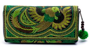 changnoi unique handmade women's wallet thai hmong embroidered fabric (bird green)