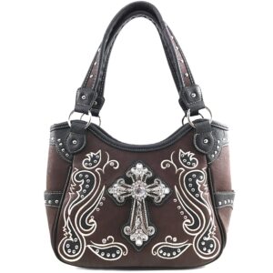 justin west rhinestone cross western floral embroidery messenger bag with conceal carry (brown purse)