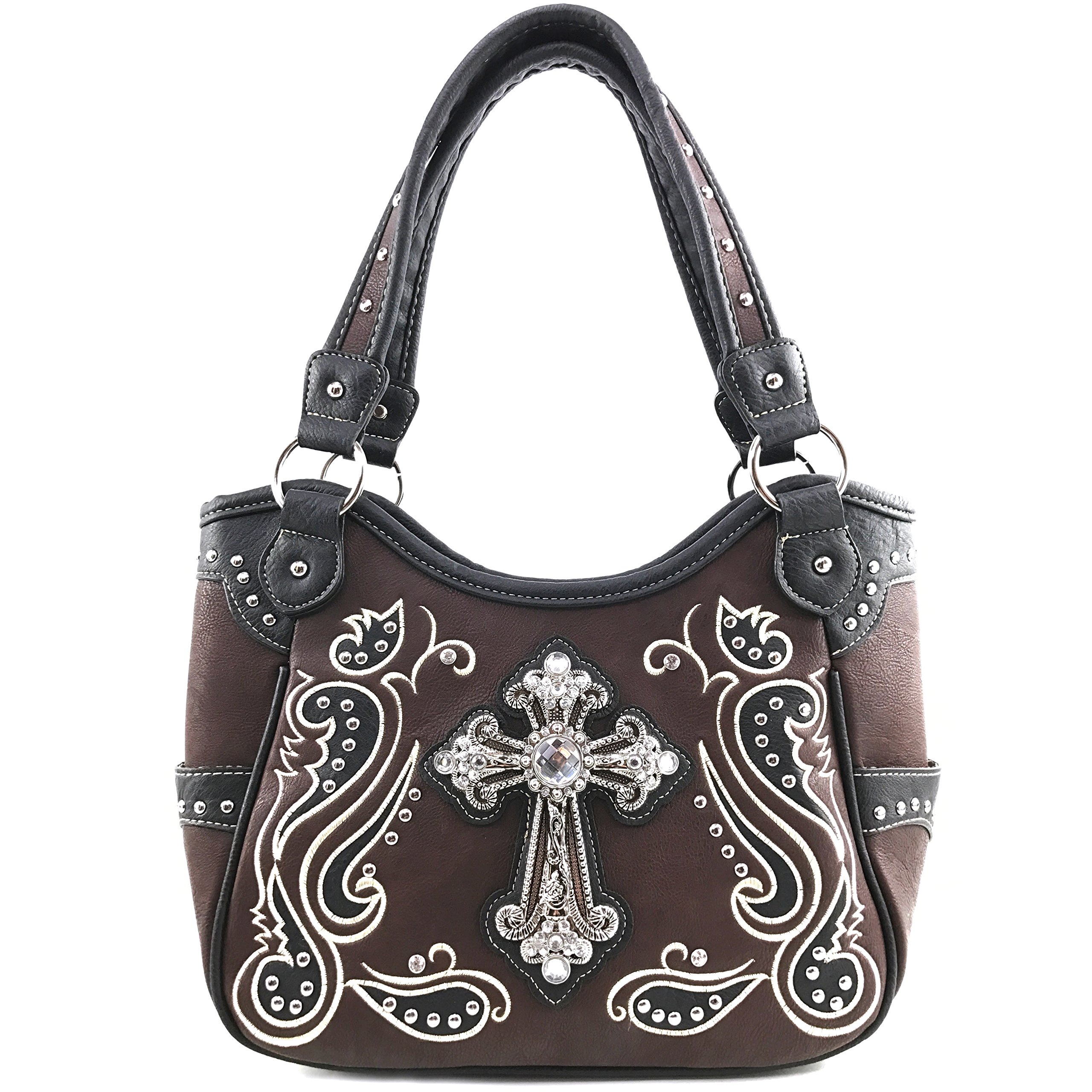 Justin West Rhinestone Cross Western Floral Embroidery Messenger Bag with Conceal Carry (Brown Purse)