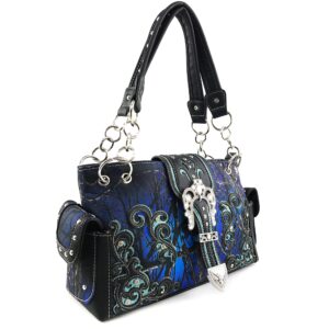 Justin West Camouflage Tree Branches Bling Rhinestone Cross Wings Buckle Crossbody Chain Messenger and Purse (Buckle Blue Handbag Wallet Set)