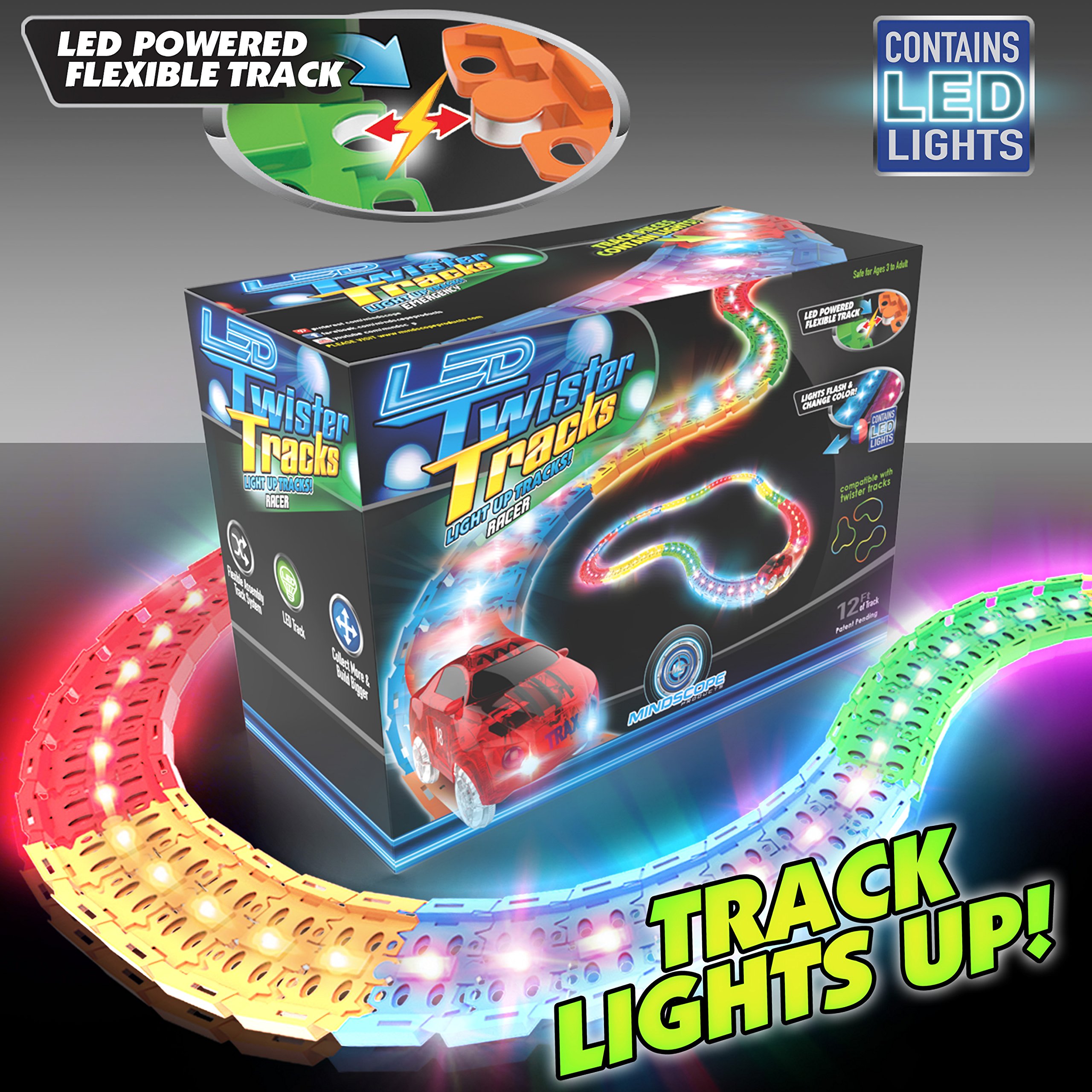 Mindscope LED Laser Tracks by Twister Tracks 12 Feet of Light Up Flexible Track + 1 Light Up Race Car Each Individual Track Piece Contains Lights (Standard Color System)