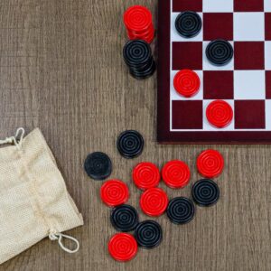 Attatoy Black & Red Carved Stackable Wooden Checkers (24 Pieces); with Drawstring Cloth Storage Bag