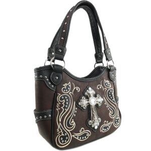 Justin West Rhinestone Cross Western Floral Embroidery Messenger Bag with Conceal Carry (Brown Purse)